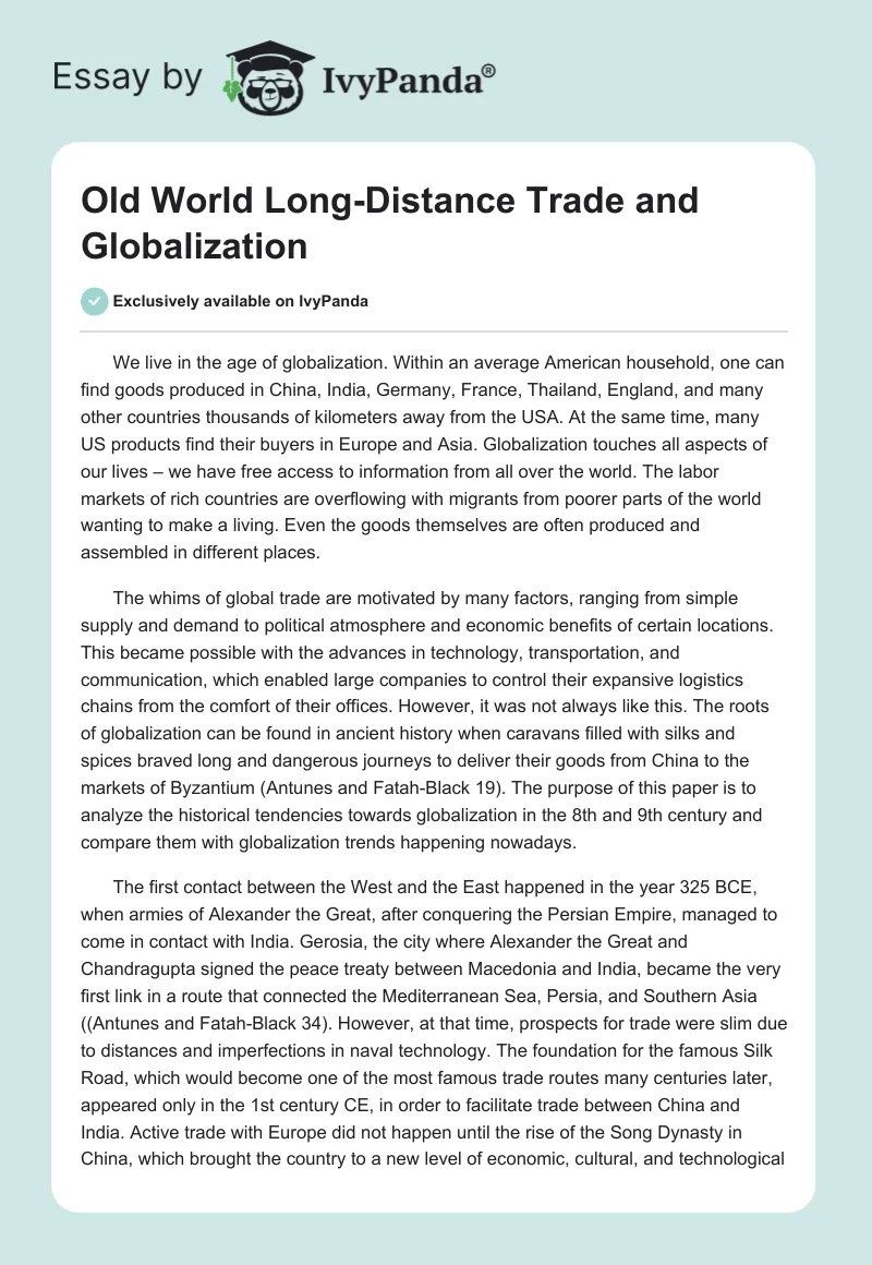 Old World Long Distance Trade And Globalization 885 Words Essay Example