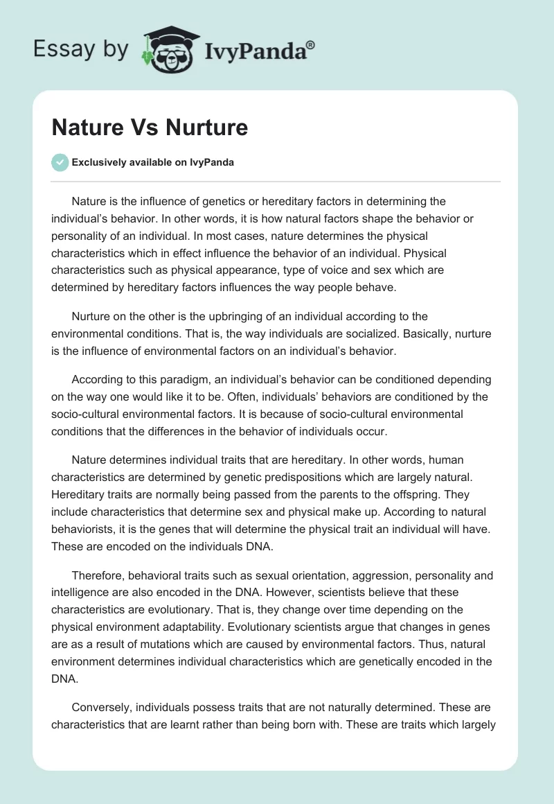 Nature Vs Nurture 561 Words Essay Example Nature Vs Nurture 561 Words Essay Example