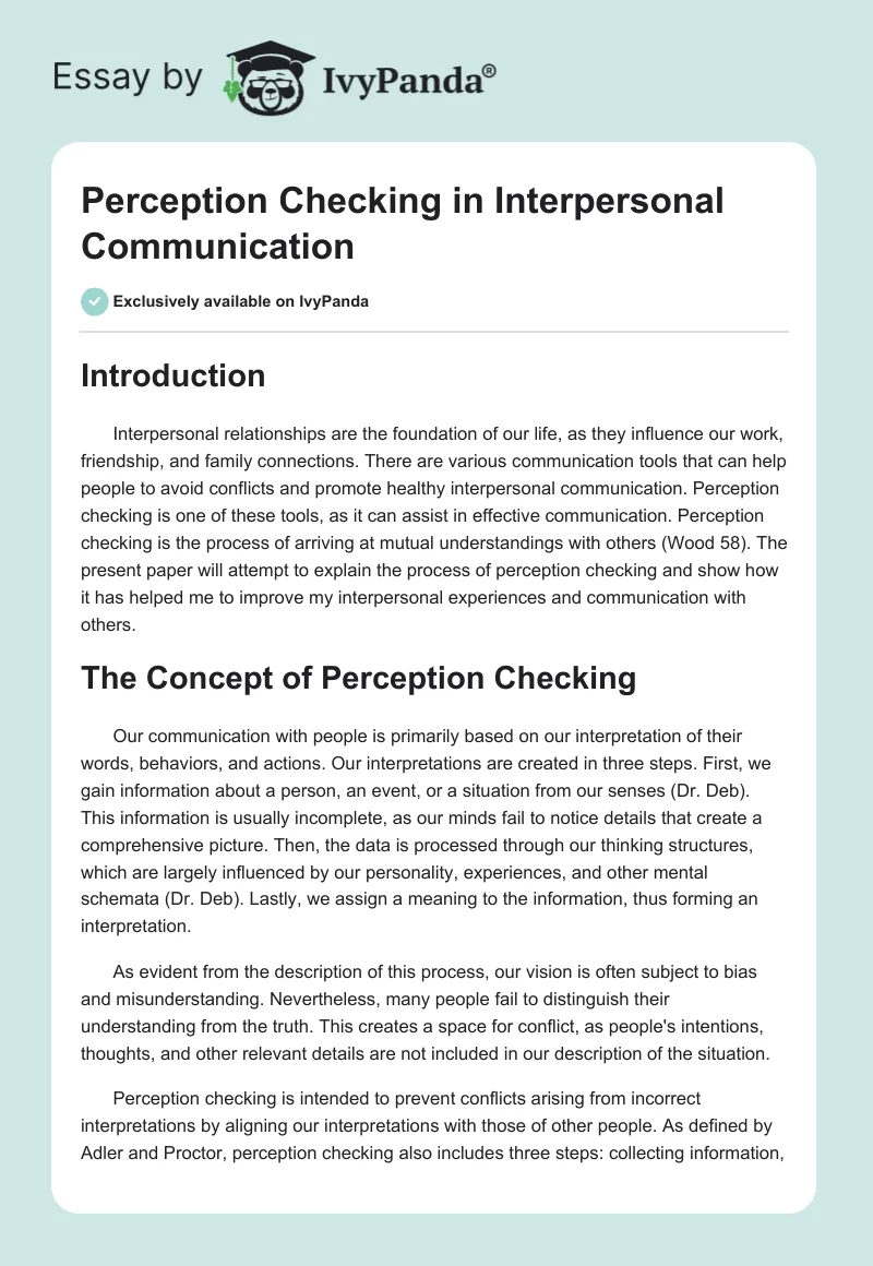 Perception Checking In Interpersonal Communication 1154 Words Essay Perception Checking In Interpersonal Communication 1154 Words Essay