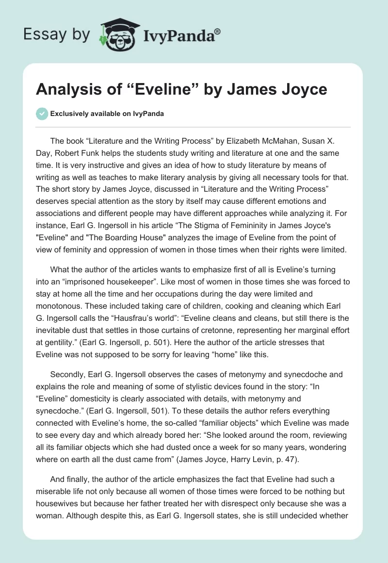 Analysis Of Eveline By James Joyce 590 Words Essay Example