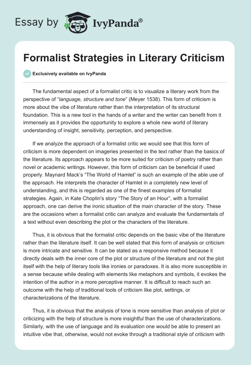Formalist Strategies In Literary Criticism 568 Words Essay Example Formalist Strategies In Literary Criticism 568 Words Essay Example