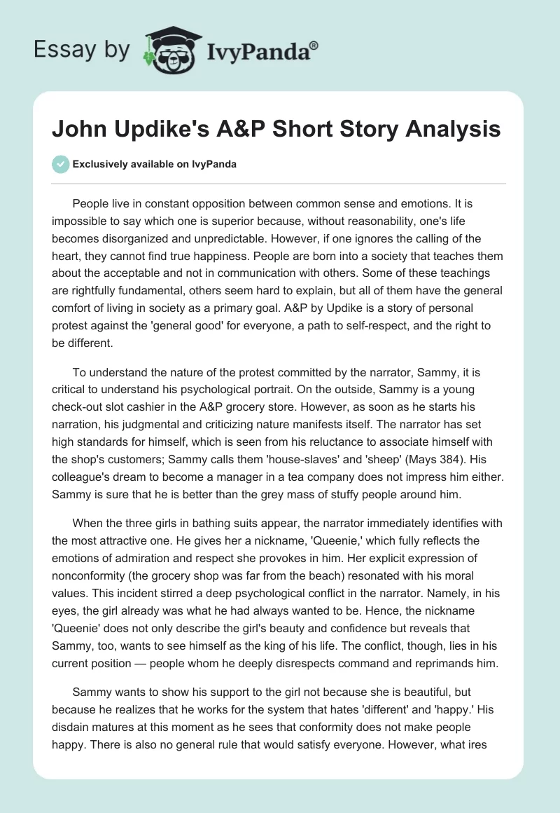 John Updike s A P Short Story Analysis 563 Words Essay Example John Updike s A P Short Story Analysis 563 Words Essay Example