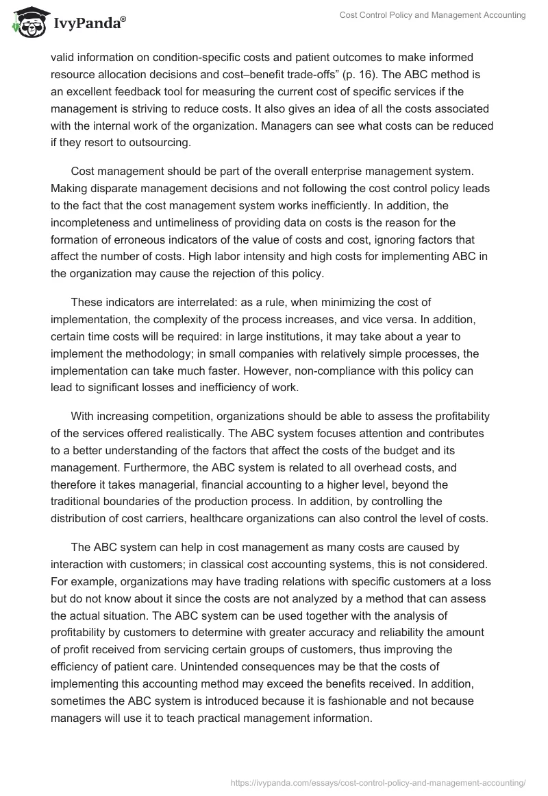 Cost Control Policy And Management Accounting 923 Words Essay Example Cost Control Policy And Management Accounting 923 Words Essay Example