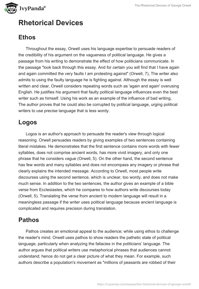 The Rhetorical Devices Of George Orwell 904 Words Essay Example The Rhetorical Devices Of George Orwell 904 Words Essay Example