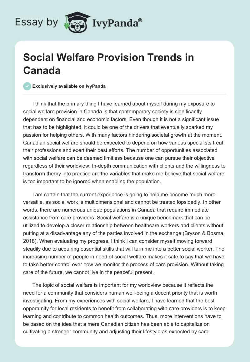 Social Welfare Provision Trends In Canada 559 Words Essay Example Social Welfare Provision Trends In Canada 559 Words Essay Example