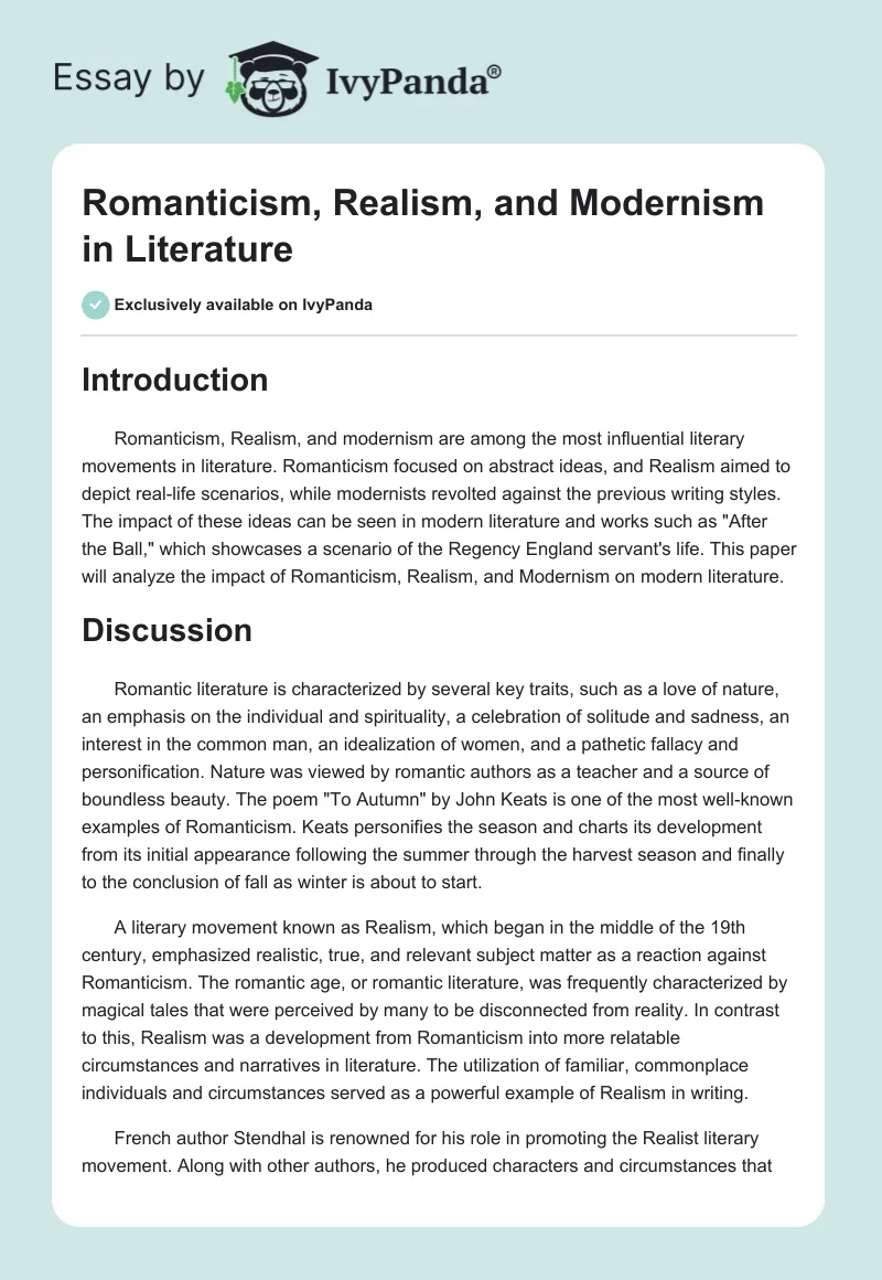 Romanticism Realism And Modernism In Literature 619 Words Romanticism Realism And Modernism In Literature 619 Words
