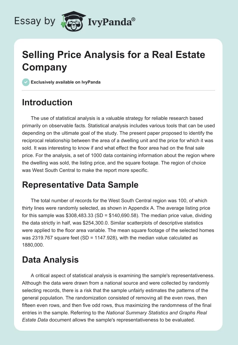 Selling Price Analysis For A Real Estate Company 739 Words Selling Price Analysis For A Real Estate Company 739 Words