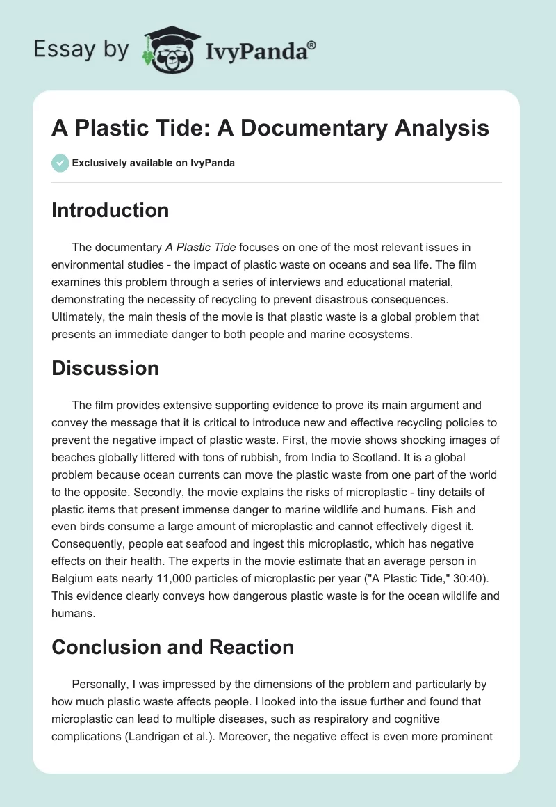 A Plastic Tide A Documentary Analysis 357 Words Essay Example
