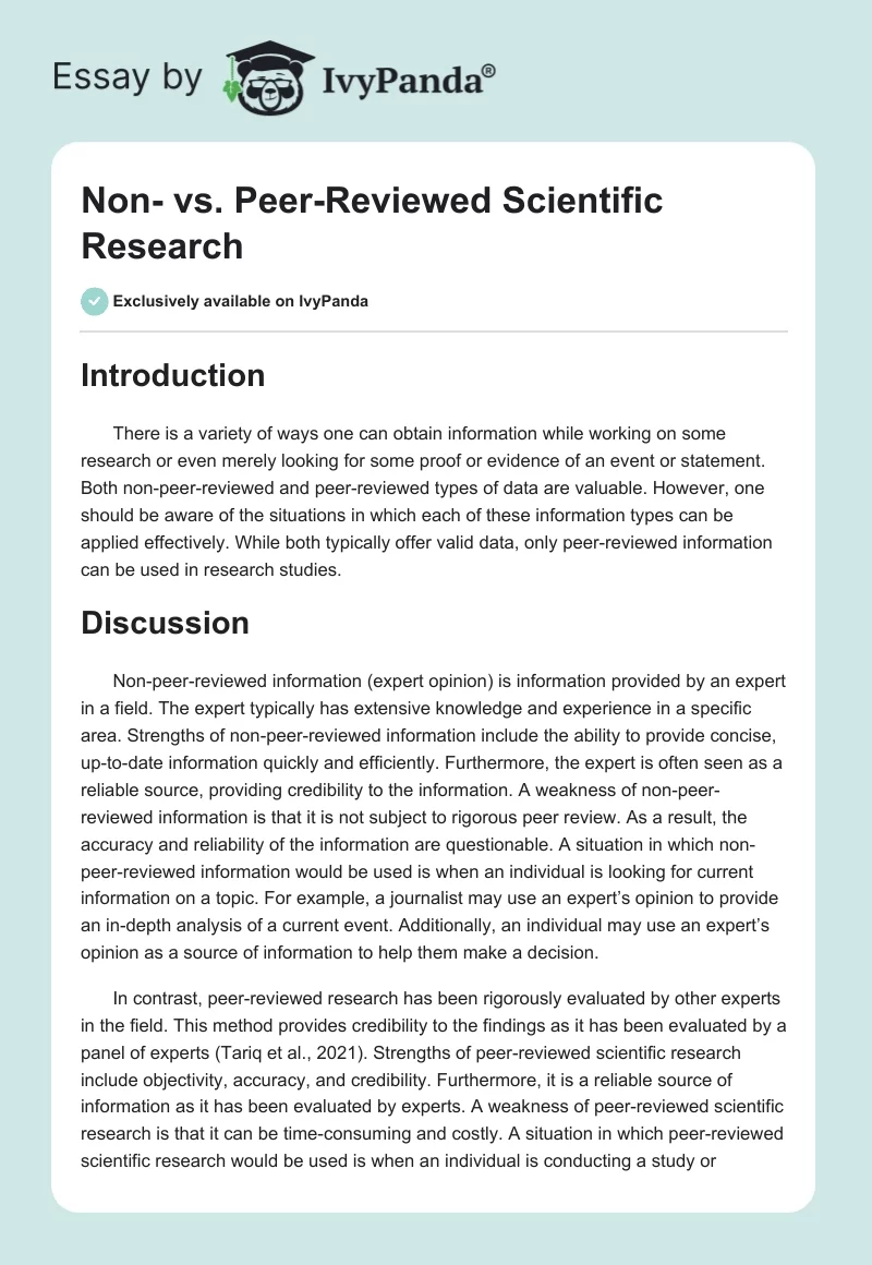 Non Vs Peer Reviewed Scientific Research 408 Words Essay Example