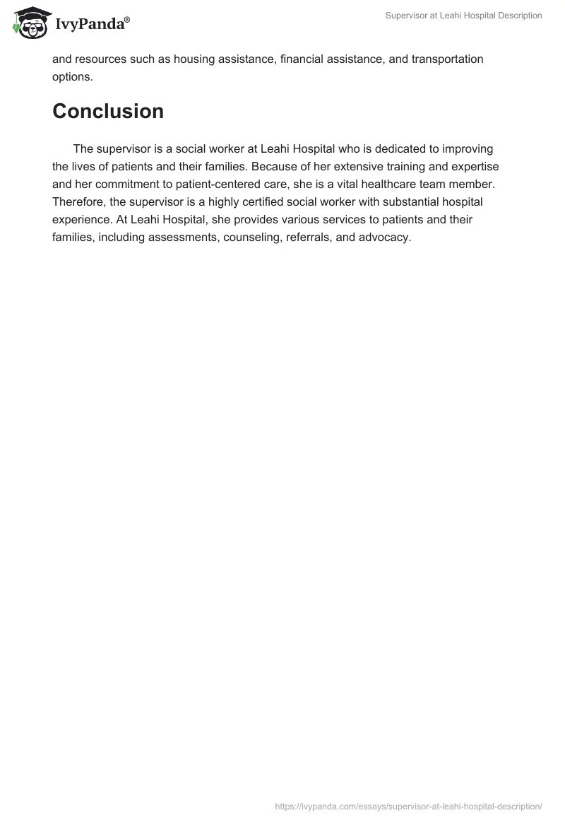 Supervisor At Leahi Hospital Description Essay Example Supervisor At Leahi Hospital Description Essay Example