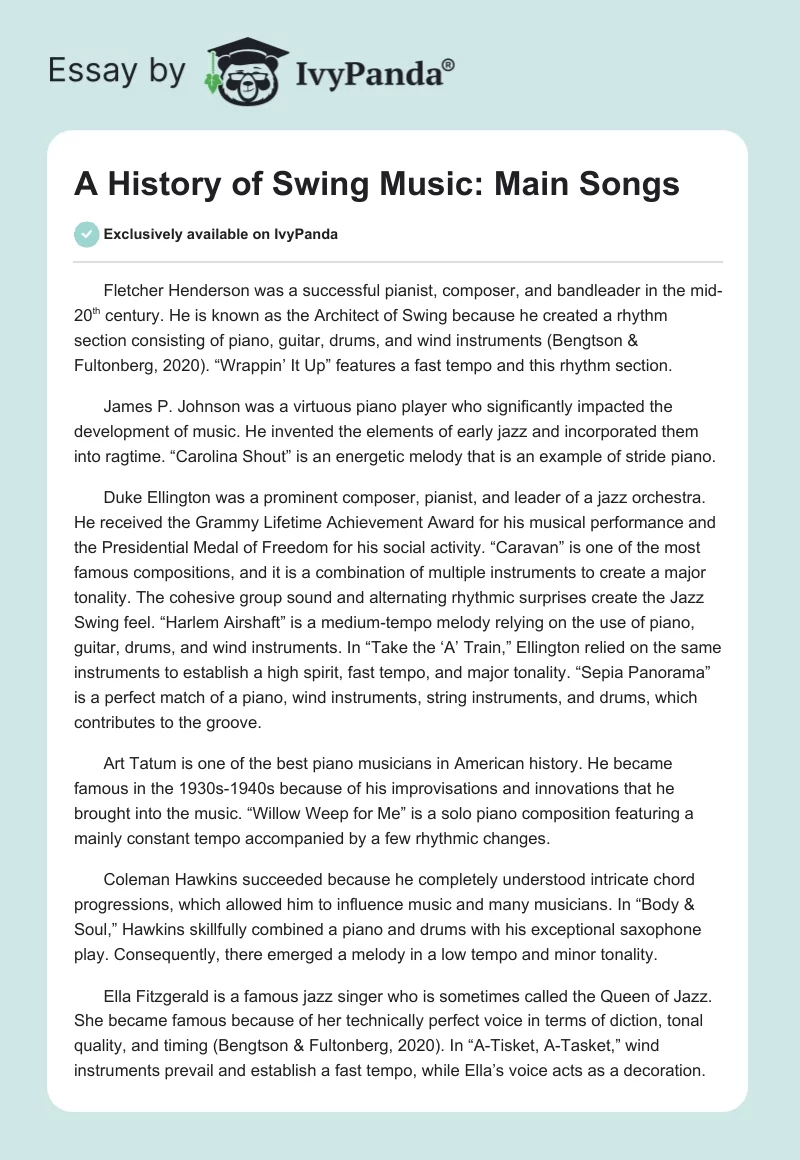 A History Of Swing Music Main Songs 910 Words Essay Example A History Of Swing Music Main Songs 910 Words Essay Example