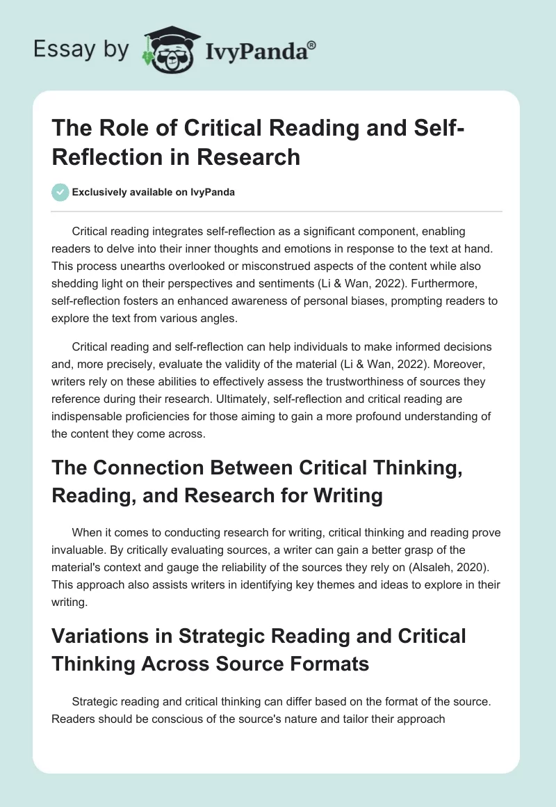 The Role Of Critical Reading And Self Reflection In Research 340