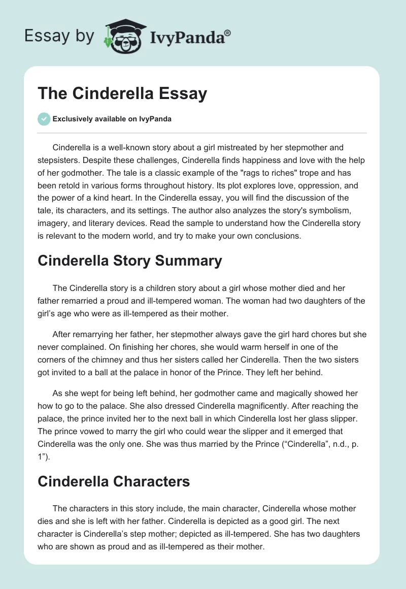 The Cinderella Essay Story Summary Explication Essay Example The Cinderella Essay Story Summary Explication Essay Example