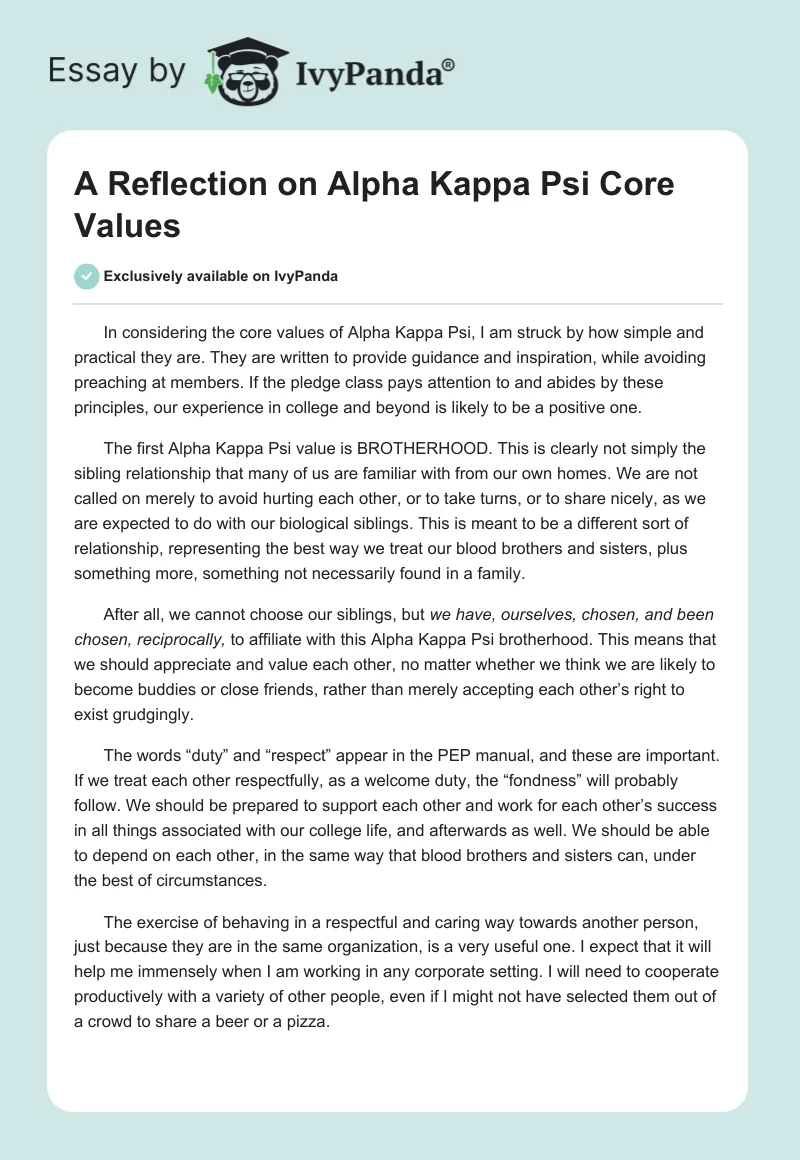 A Reflection On Alpha Kappa Psi Core Values 1496 Words Essay Example