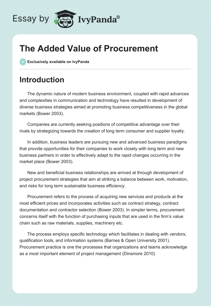 The Added Value Of Procurement 1958 Words Critical Writing Example The Added Value Of Procurement 1958 Words Critical Writing Example