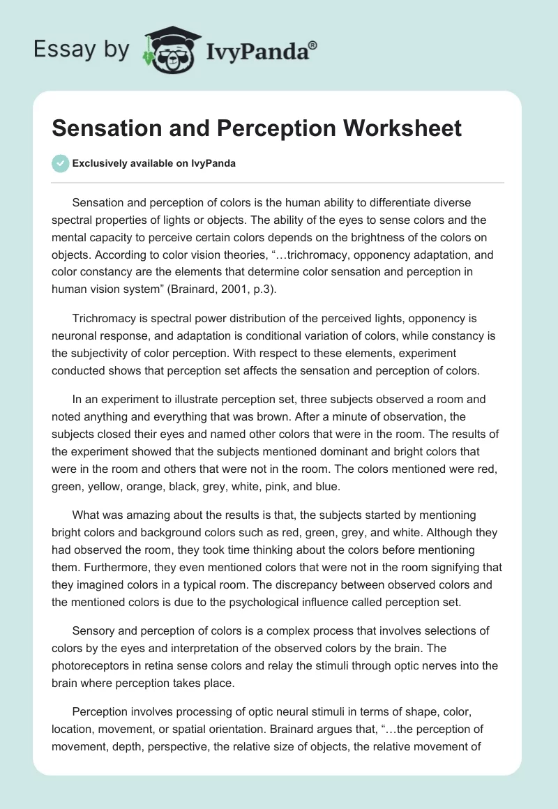 Sensation And Perception Worksheet 451 Words Assessment Example Sensation And Perception Worksheet 451 Words Assessment Example