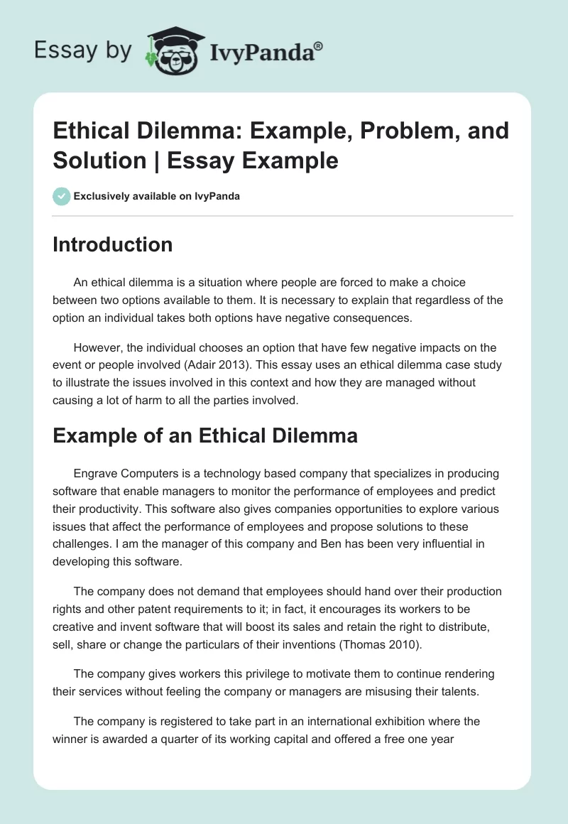 Ethical Dilemma Example Problem And Solution Essay Example Ethical Dilemma Example Problem And Solution Essay Example