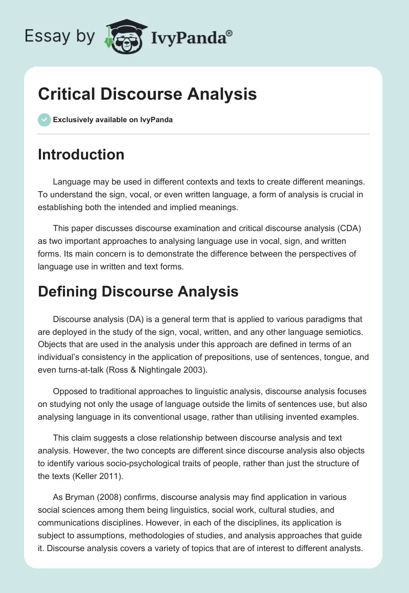 Critical Discourse Analysis 2503 Words Essay Example Critical Discourse Analysis 2503 Words Essay Example