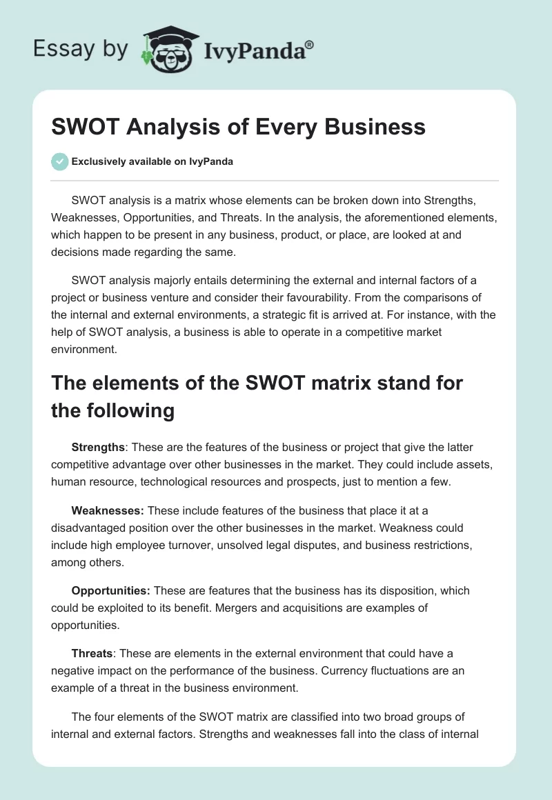 Swot Analysis Paper Example Swot Analysis Paper Example