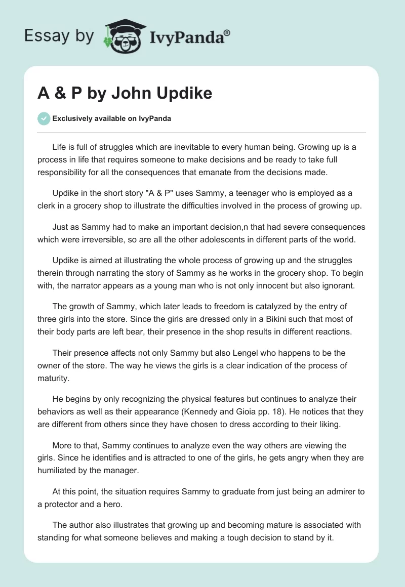 A P By John Updike 615 Words Essay Example A P By John Updike 615 Words Essay Example